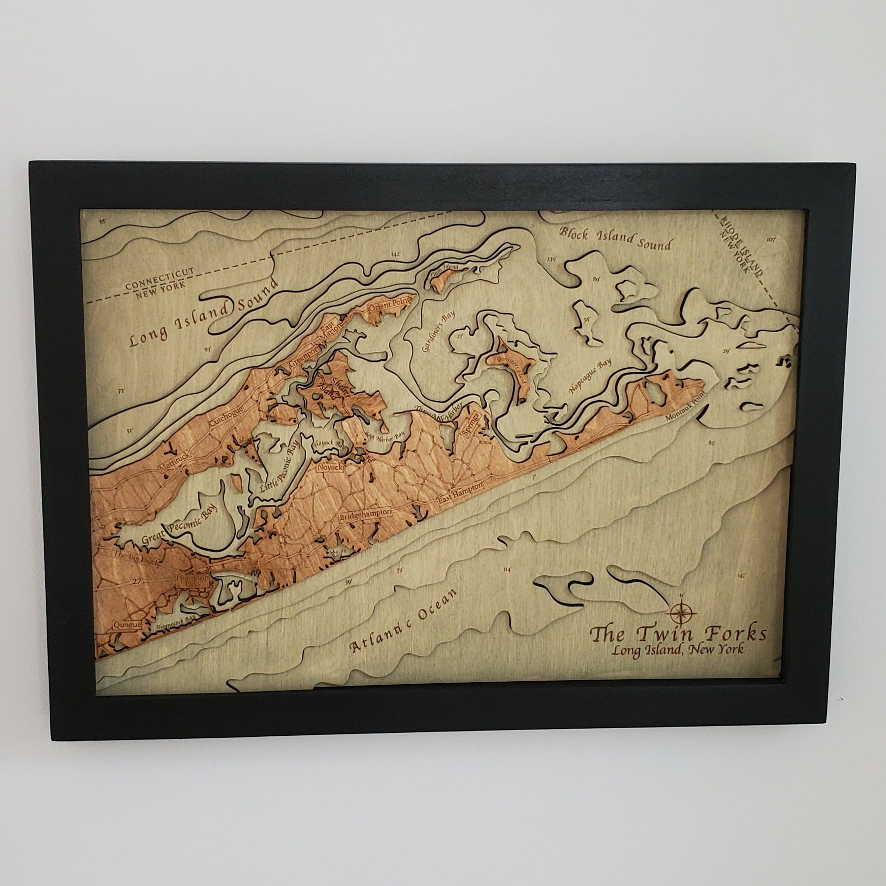 The Twin Forks, Long Island NY| Wooden Chart – Coastal Carve Engravings